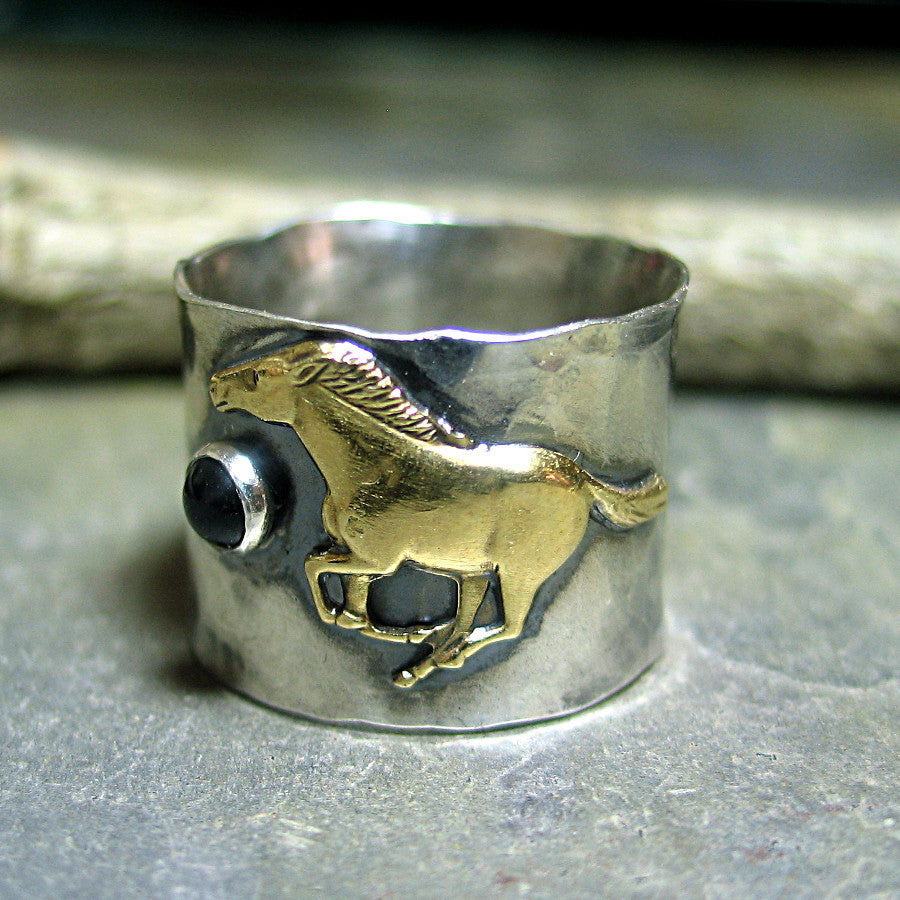 WindRunner - Wide band running horse ring with black onyx, Unisex or M ...