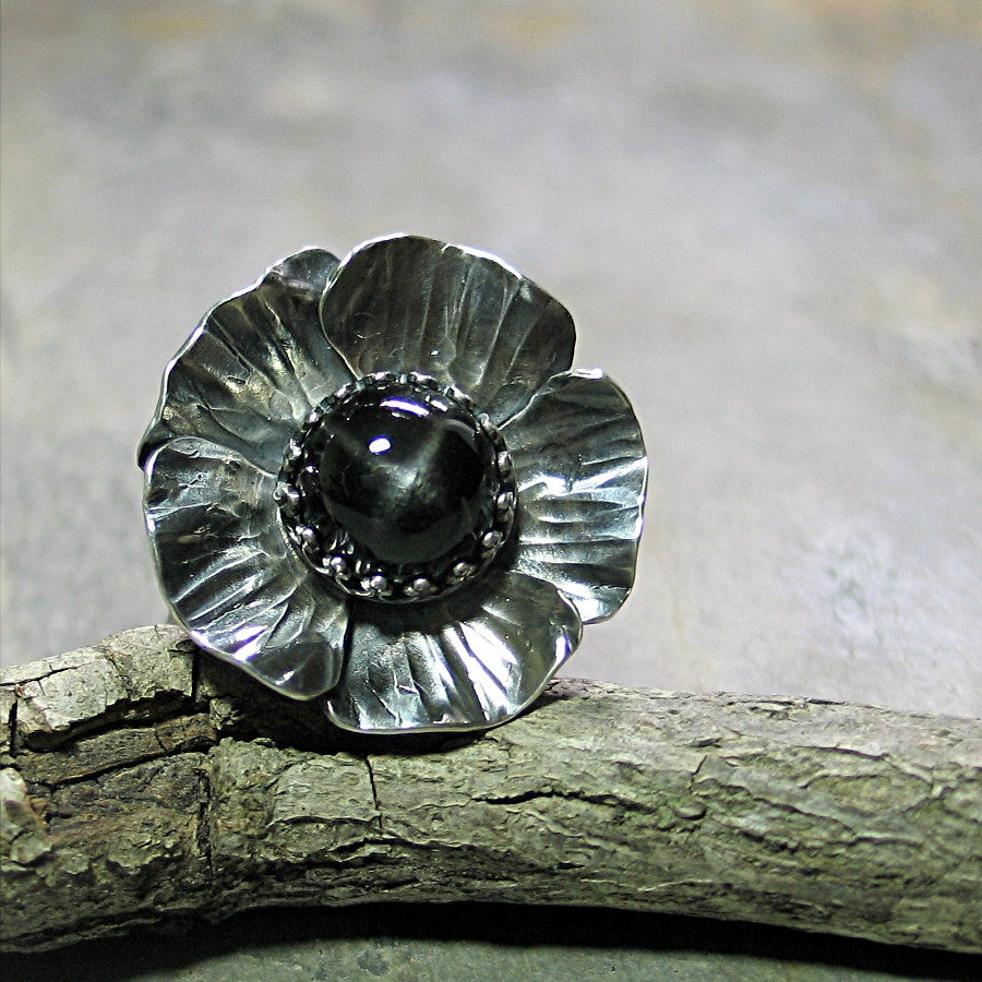 Sterling Silver Poppy Ring with Black Star Diopside - Night Poppy ...